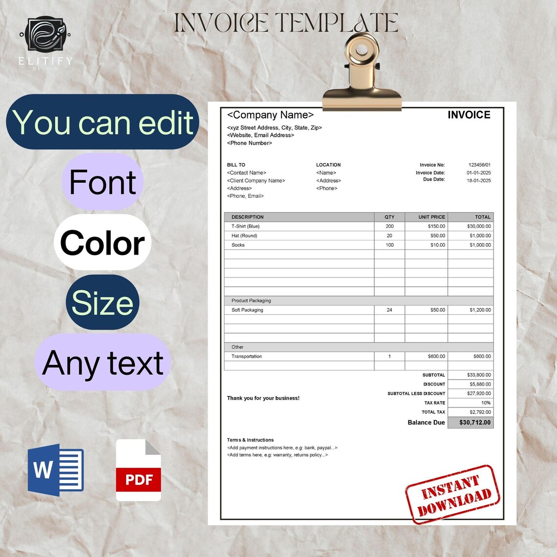 Invoice Template Editable.both in Excell and Word Format. Custom ...