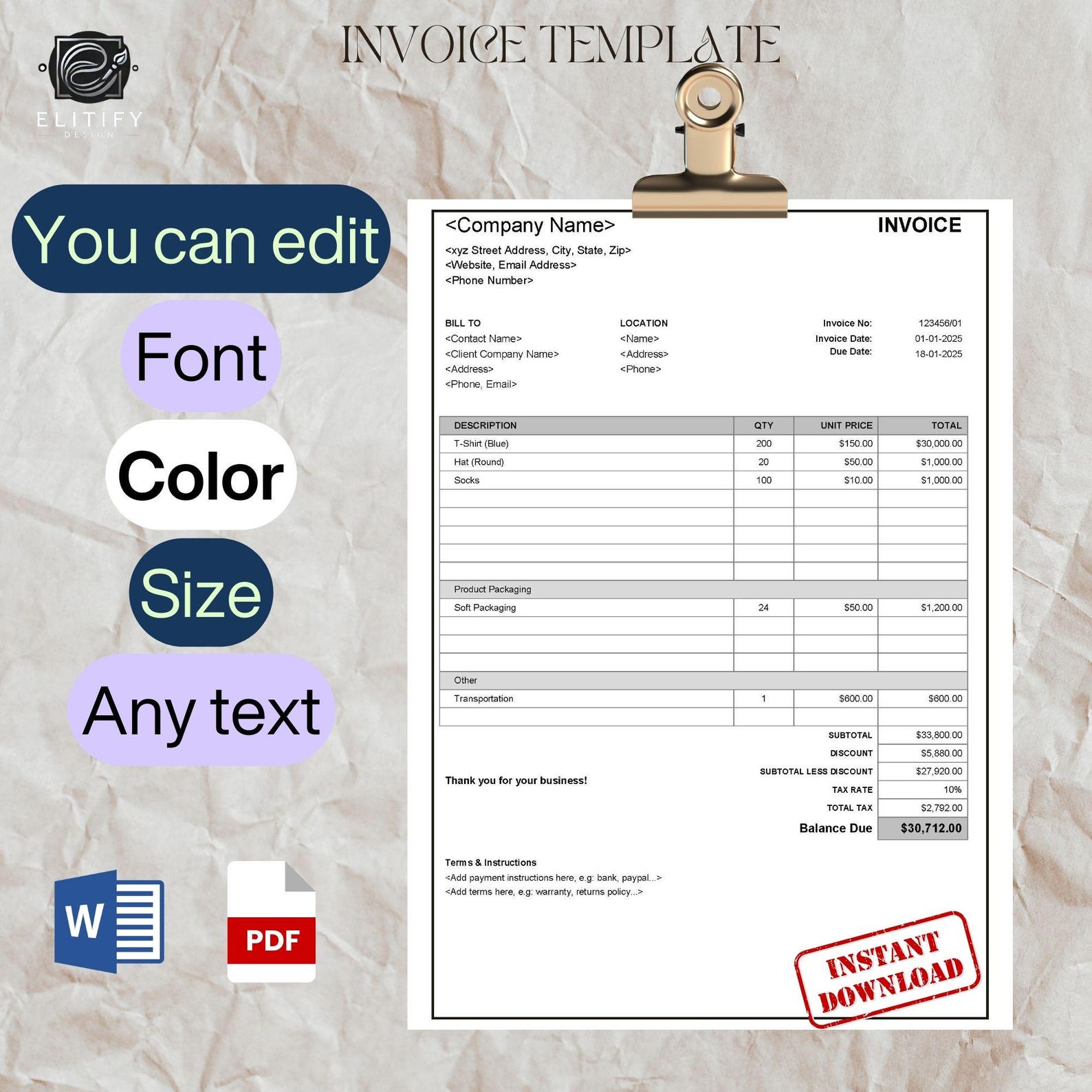 Invoice Template Editable.both in Excell and Word Format. Custom ...