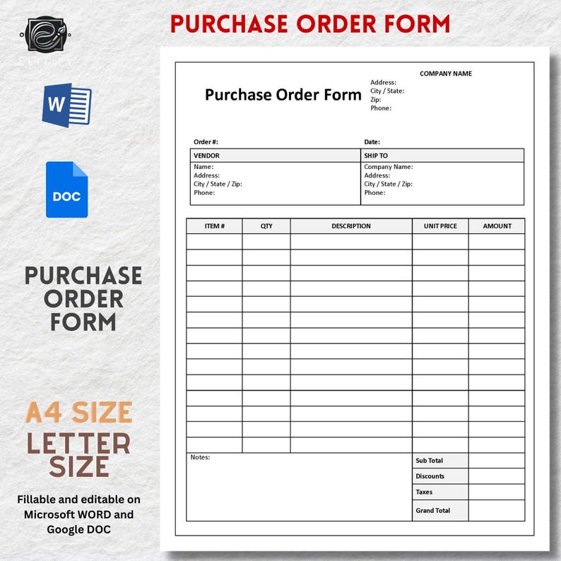 Purchase Order Form Template. Editable, Fillable, Printable Document ...