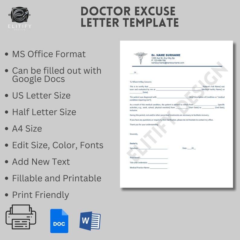 DOCTOR EXCUSE LETTER Template /simple Excuse Letter Template / Editable, Fillable, Printable ...