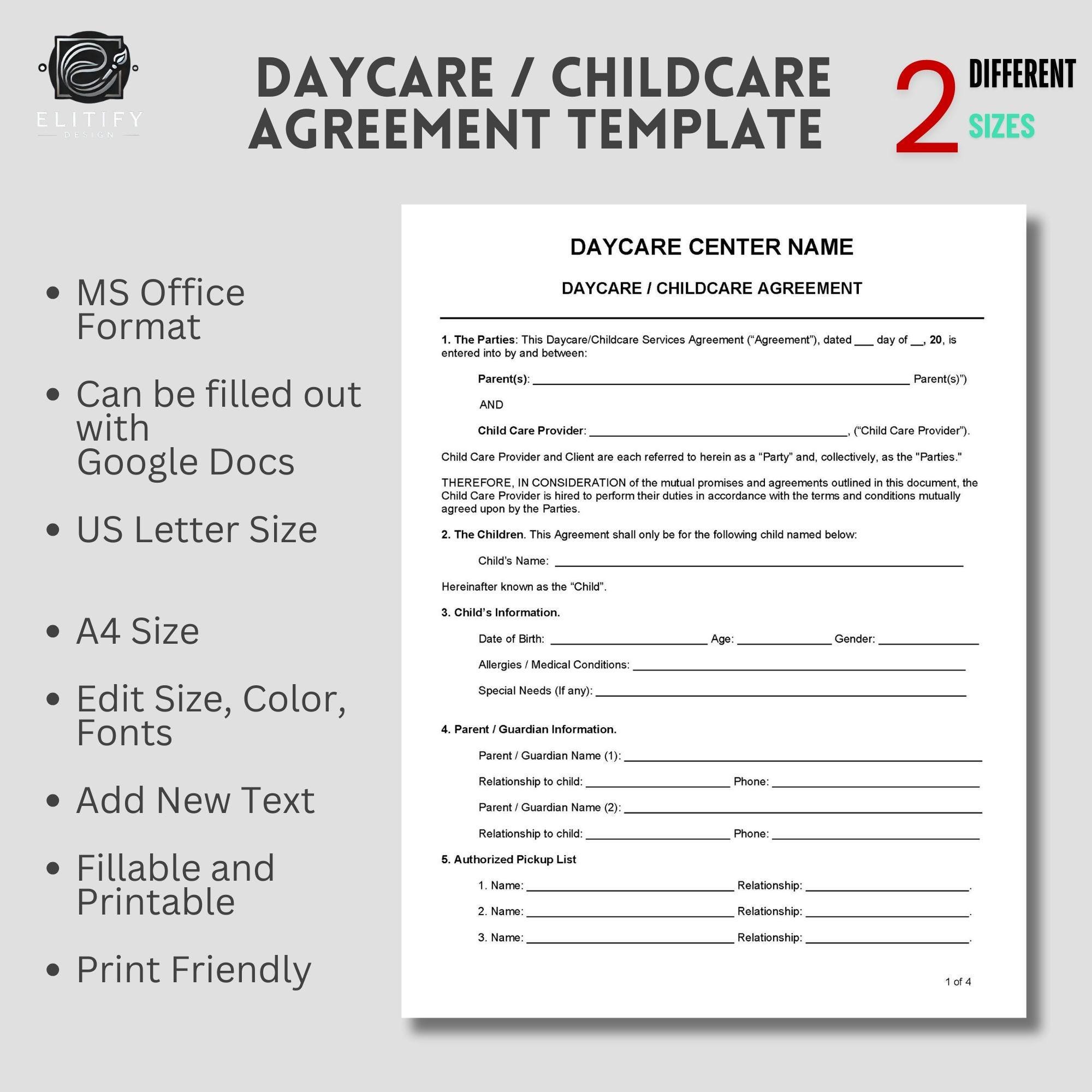 DAYCARE CHILDCARE AGREEMENT Template. Daycare Forms, Childcare Forms ...