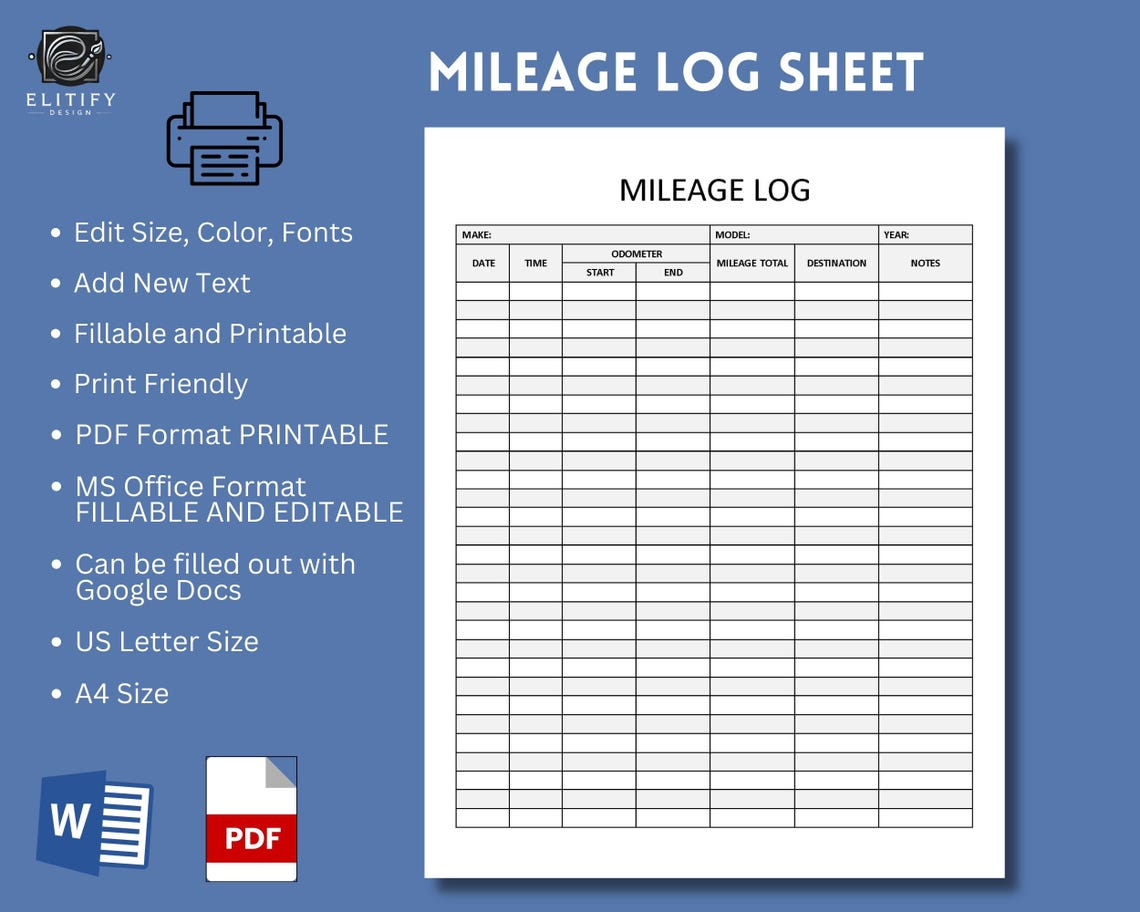 Mileage Log Sheet. Printable Template / Editable Fillable Printable. Ms ...