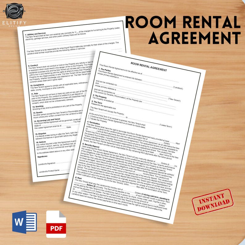 FILLABLE ROOM RENTAL Agreement Template. 2 Pages Editable Room Tenancy ...
