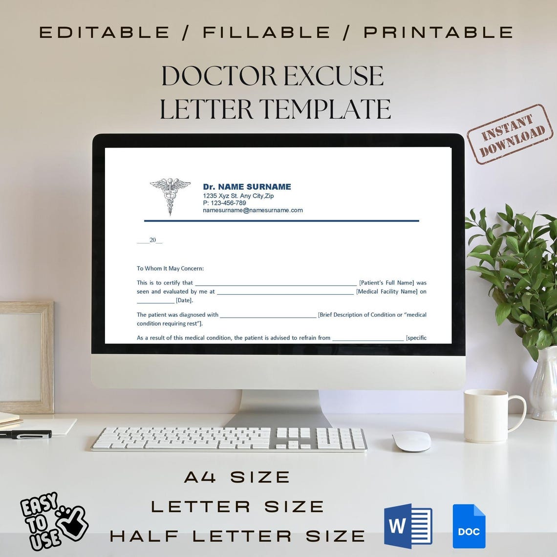 Editable Doctor Excuse Letter Template, Fillable, Printable (digital ...