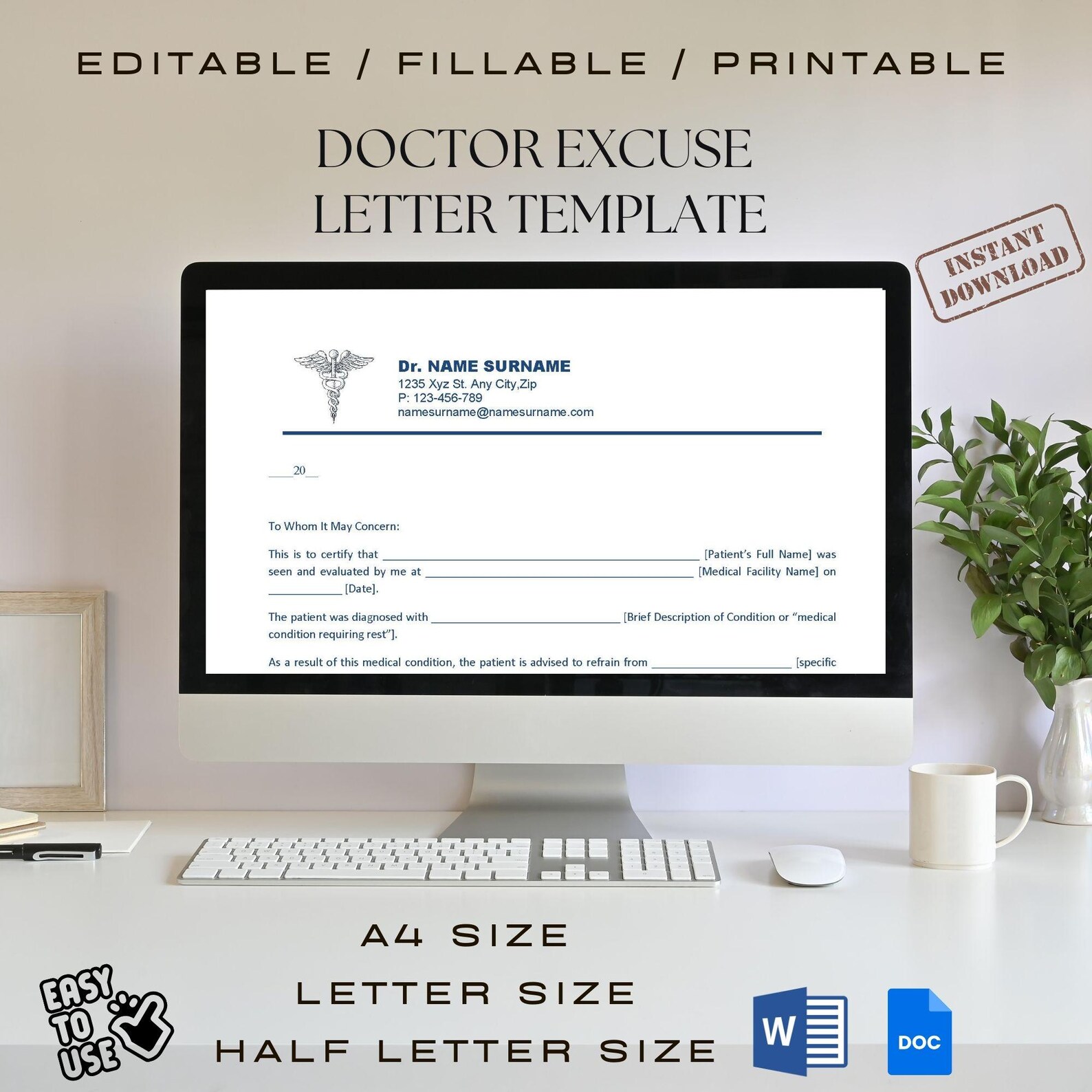 Editable Doctor Excuse Letter Template, Fillable, Printable (digital ...