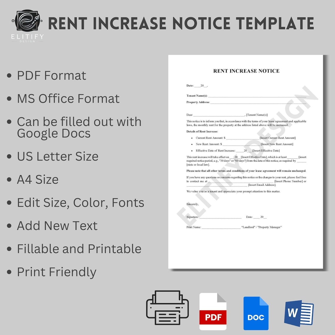 RENT INCREASE NOTICE Template / Fillable and Printable / in Pdf ...