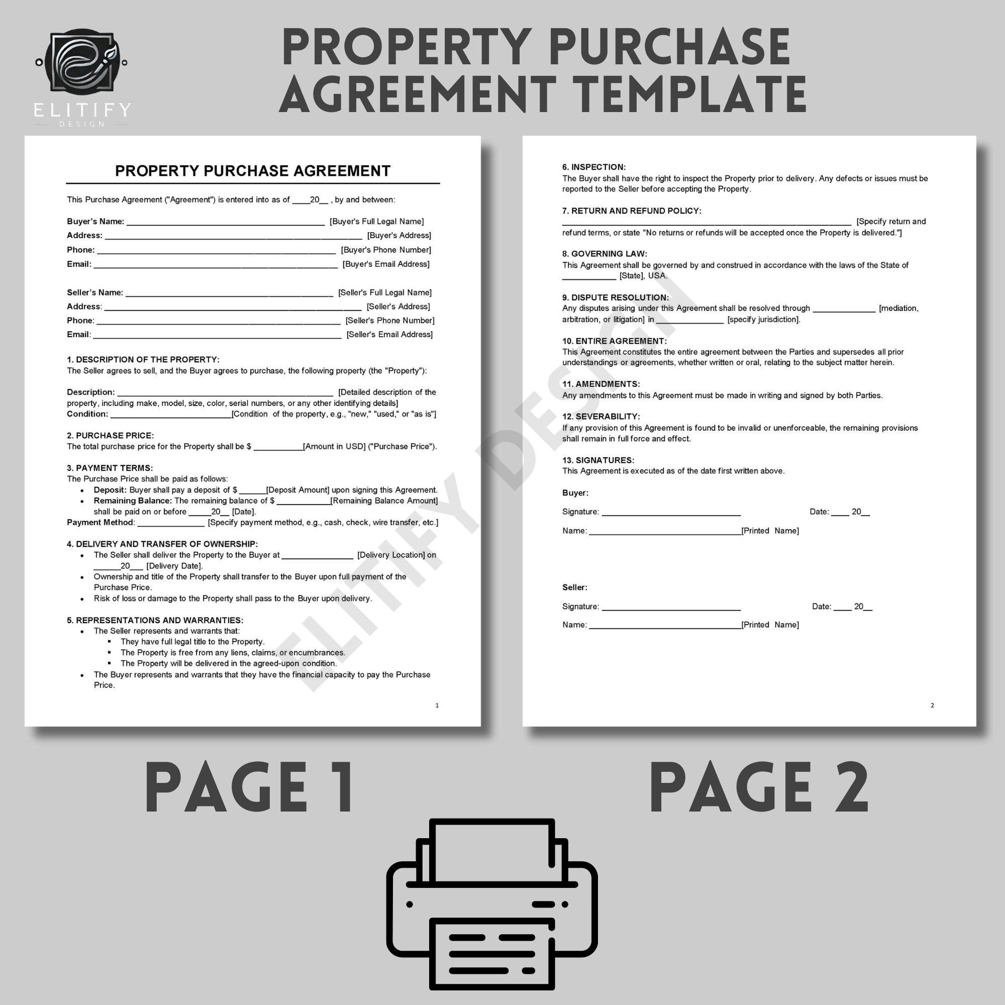 PROPERTY PURCHASE AGREEMENT Template / Editable, Fillable, Printable ...