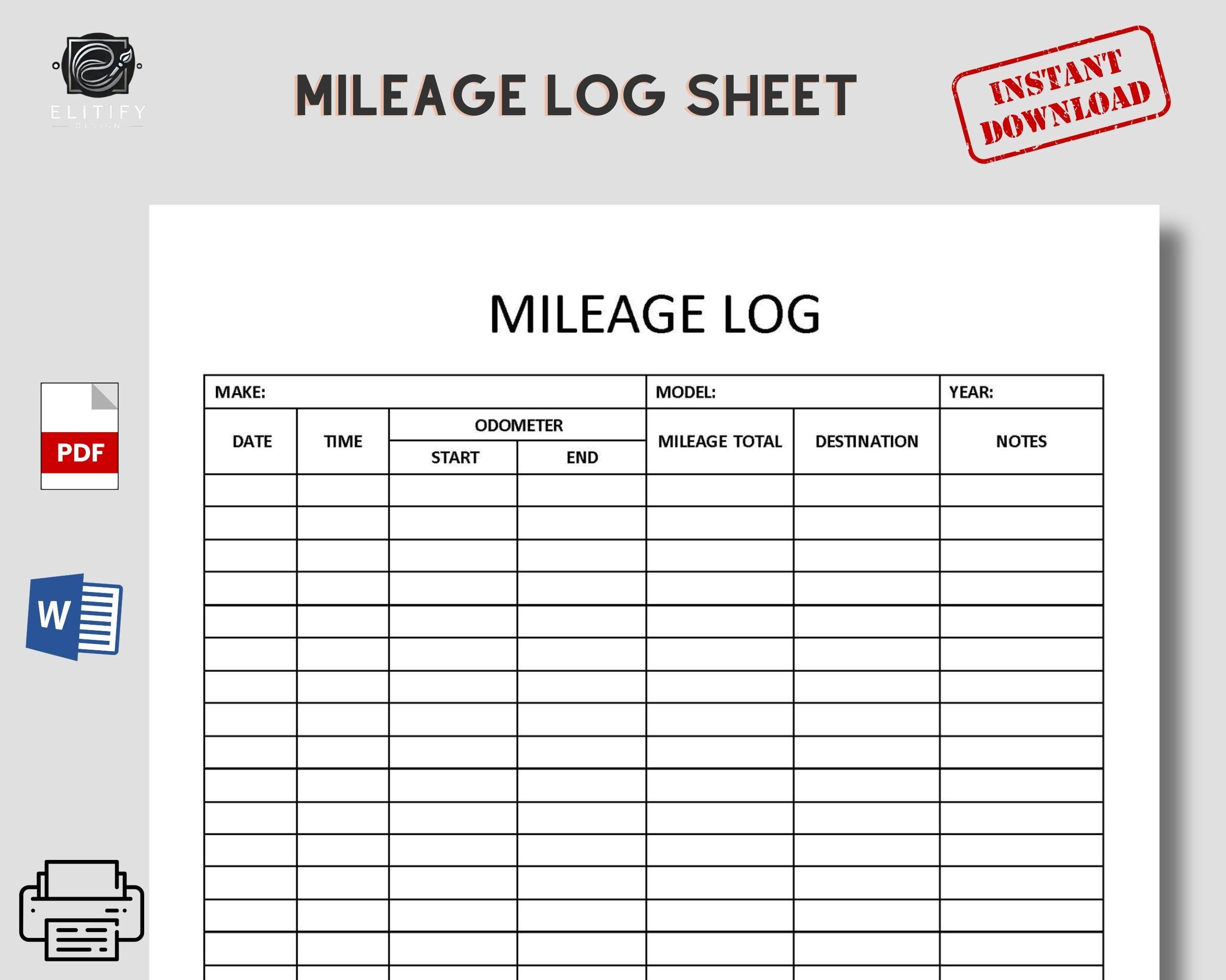 Mileage Log Sheet. Printable Template / Editable Fillable Printable. Ms ...