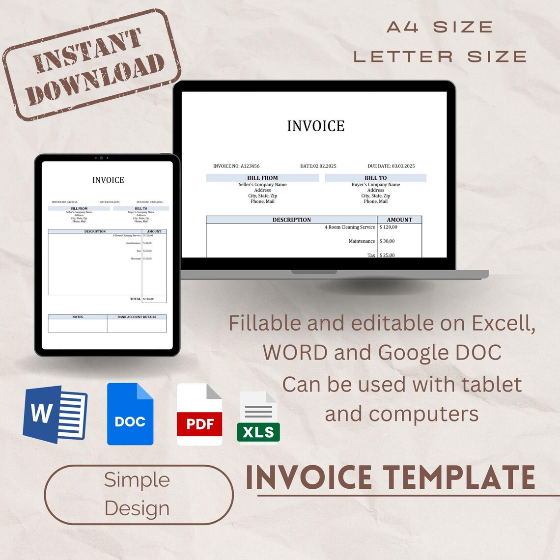 Invoice Template. for Small Businesses Excell and Word Format/ Custom ...