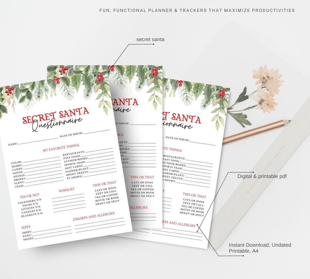 Secret Santa Survey Printable Template, Gift Exchange Questionnaire ...