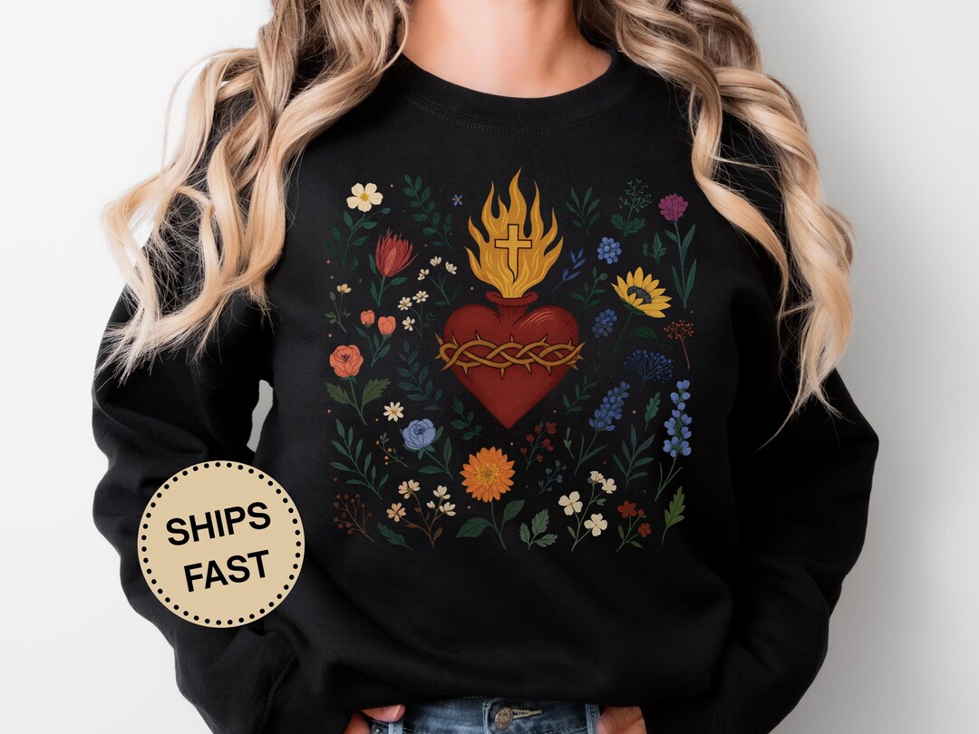 Catholic Sweatshirt Sacred Heart of Jesus Floral Sweater Catholic Gift ...