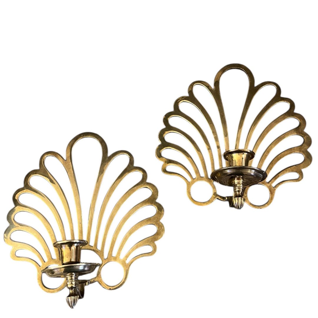 Pair of Vintage Brass Shell Wall Sconces - Coastal Hollywood Regency ...