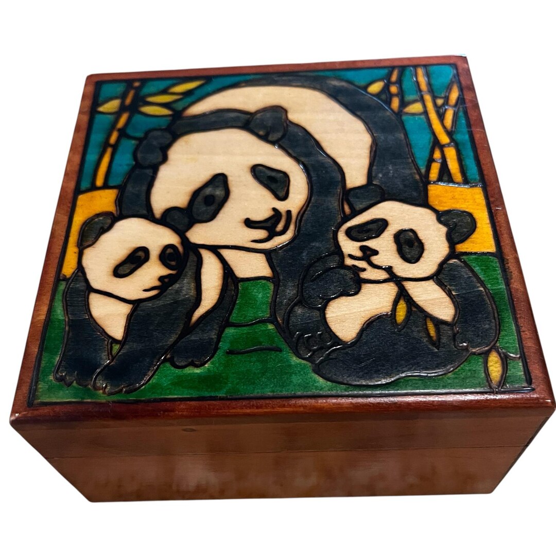 Handcrafted Wooden Keepsake Box Featuring a Mother Panda and Her 2 ...