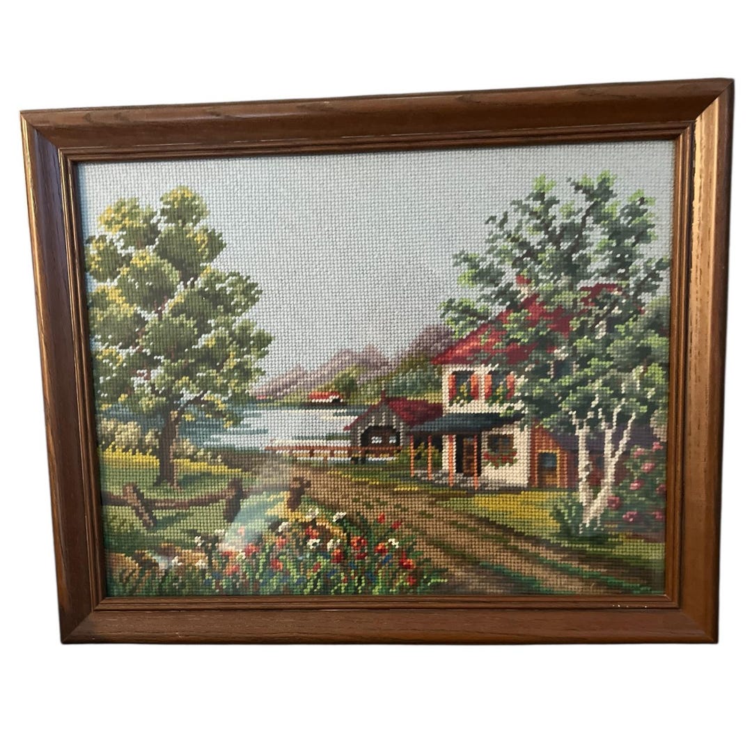 1960s Framed Needlepoint: Cottage Landscape, Ready to Hang - Etsy