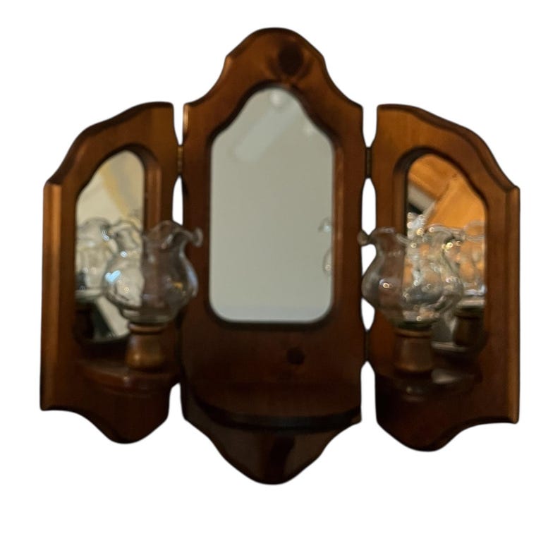 Vintage MCM Tri-fold Wooden Wall Sconce: Mirror & Candle Holder - Etsy