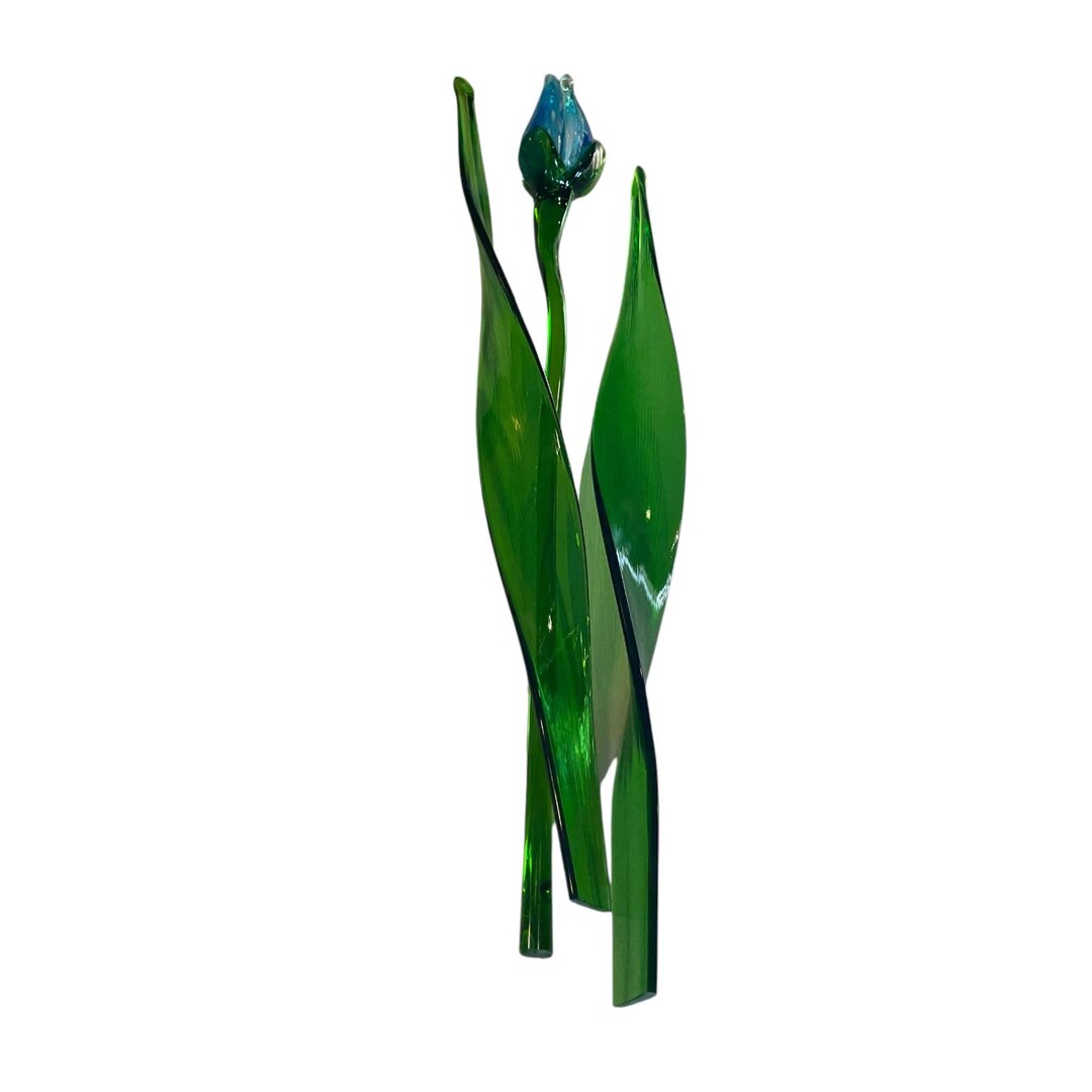 Vintage Art Glass 2 Green Leaf Twist Blades and One Long Stemmed Blue ...