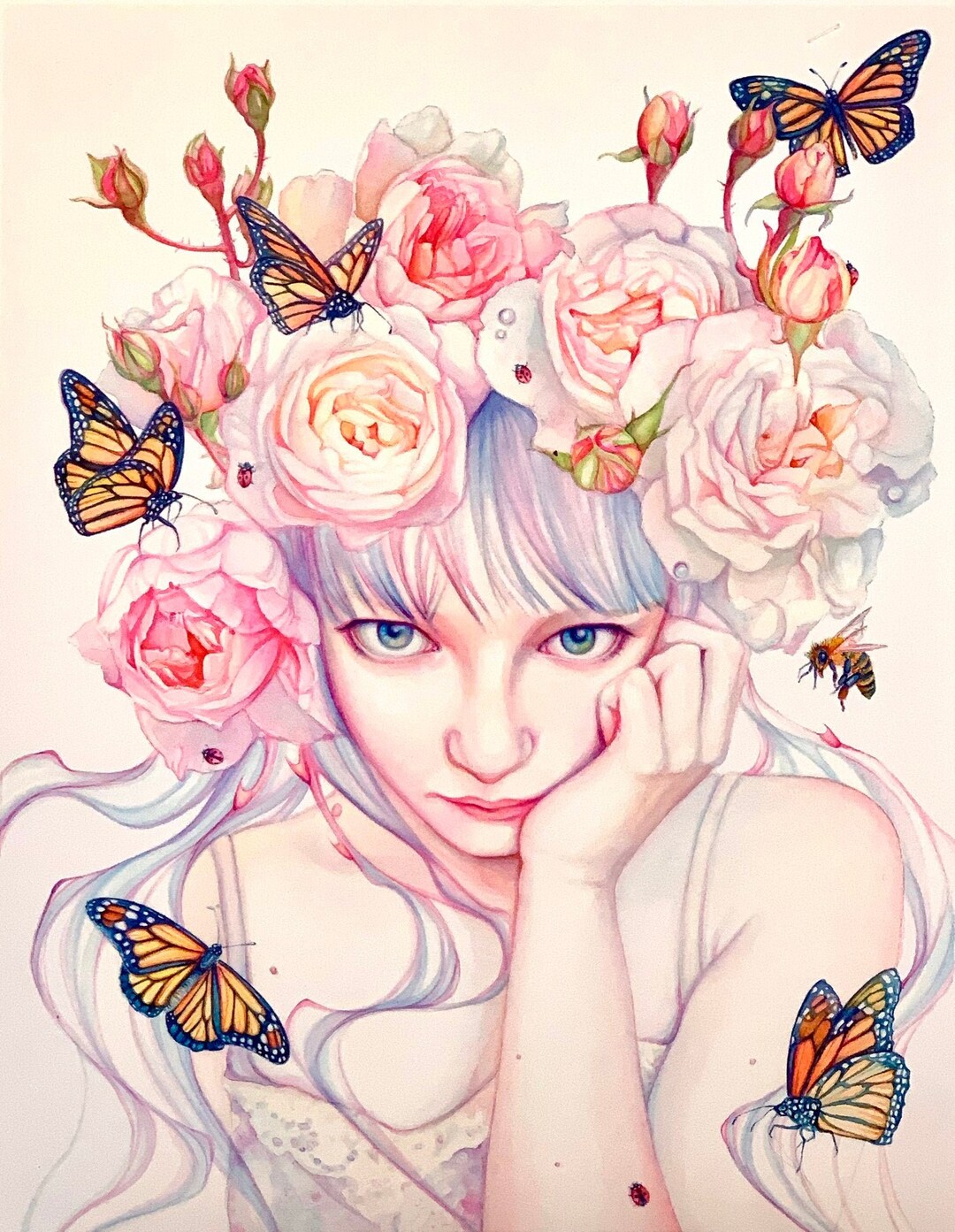 MARIPOSA Open Edition Fine ART PRINT Roses Butterflies Watercolor Tracy ...