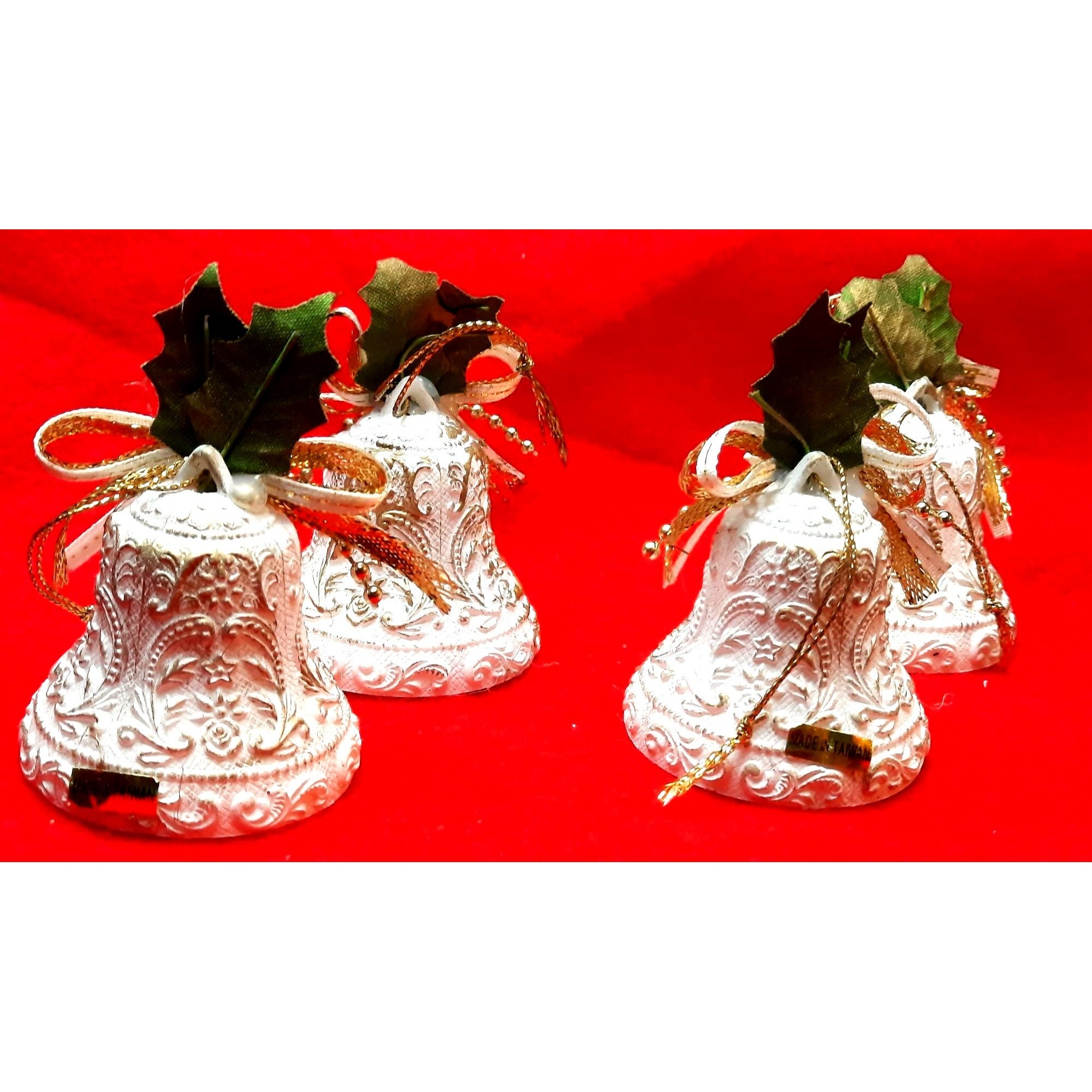 Vintage Blow Molded Gold Embossed White Glitter Bells With Silk Flower ...