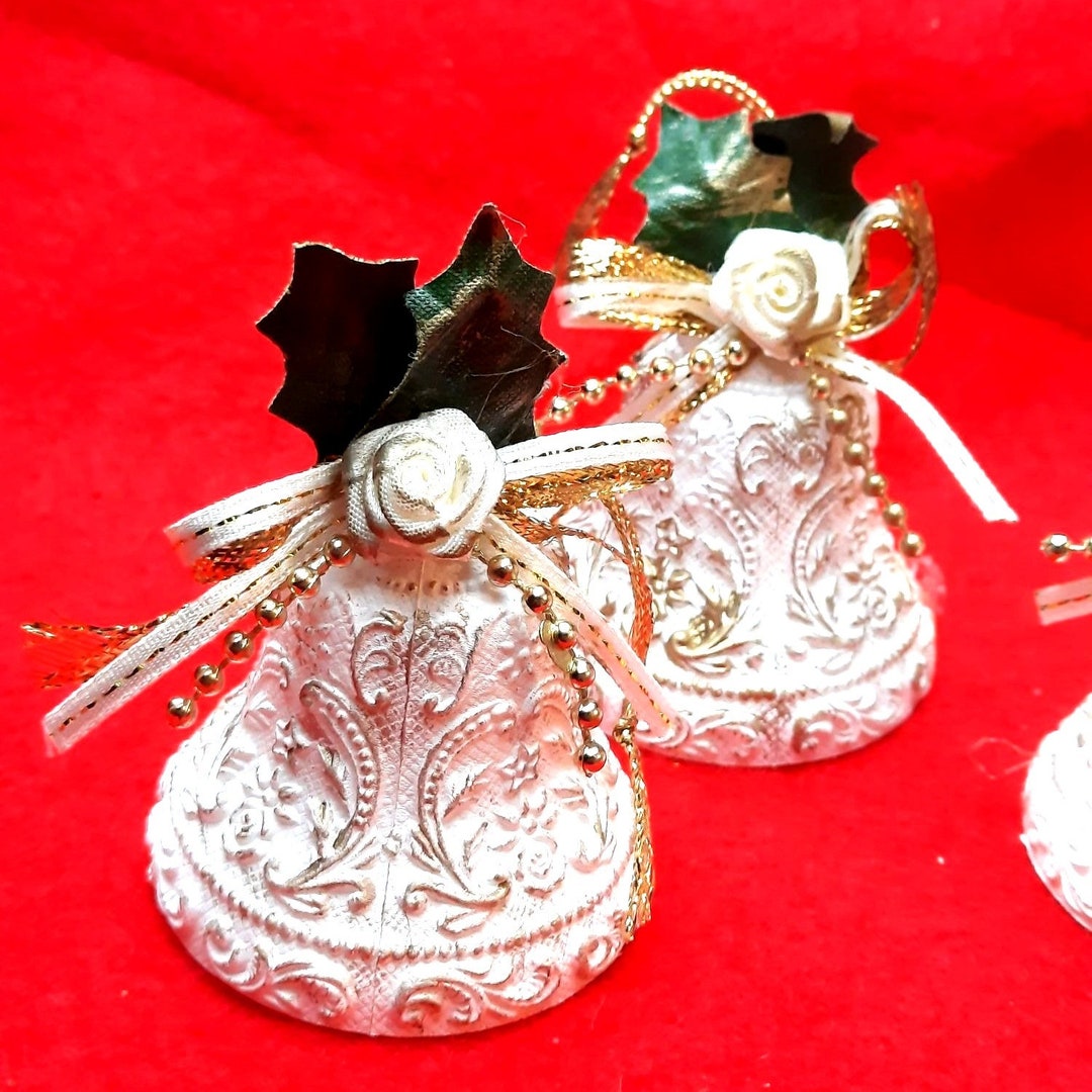 Vintage Blow Molded Gold Embossed White Glitter Bells With Silk Flower ...