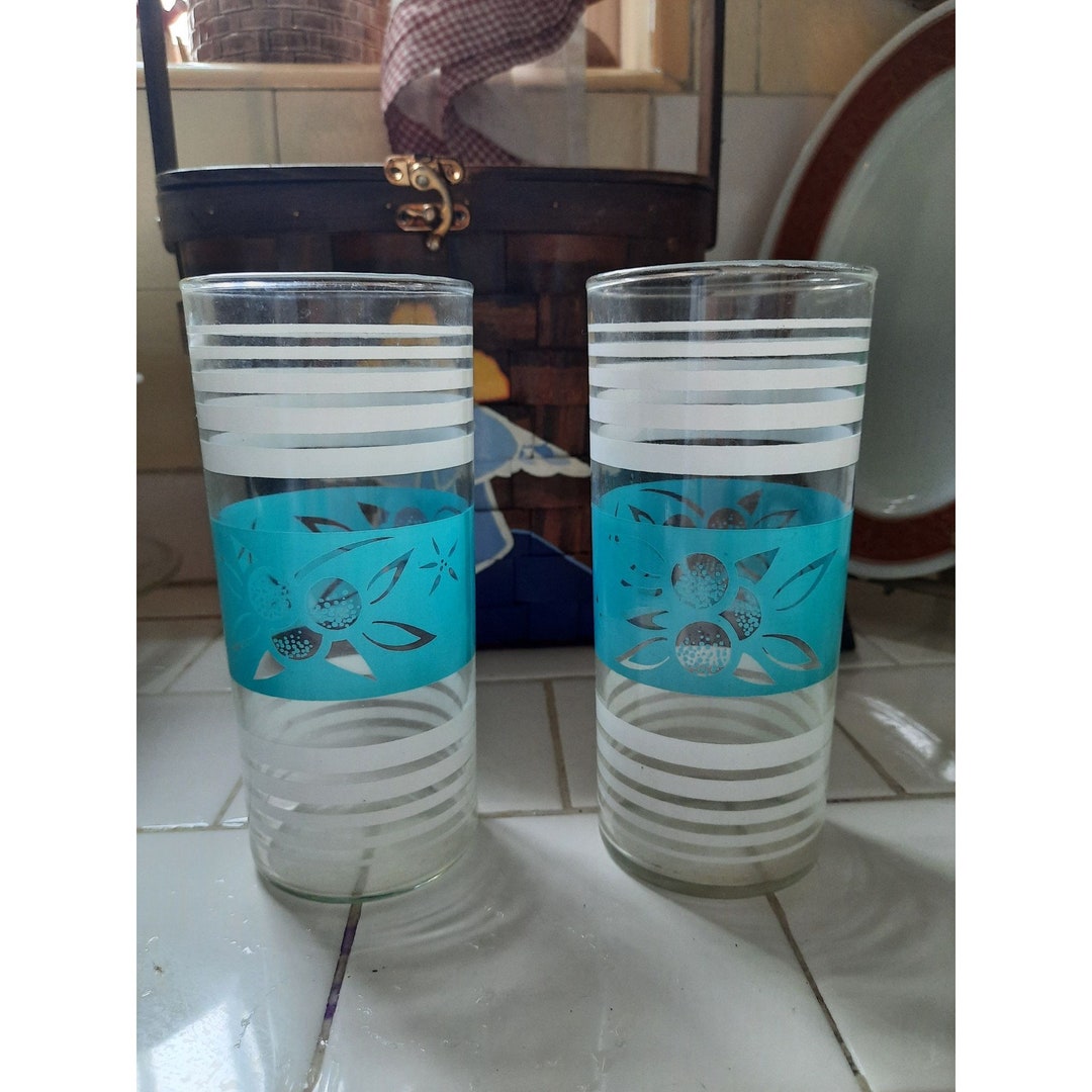 1950s Hand Blown High Ball Collins Vintage Teal Green & White Floral ...