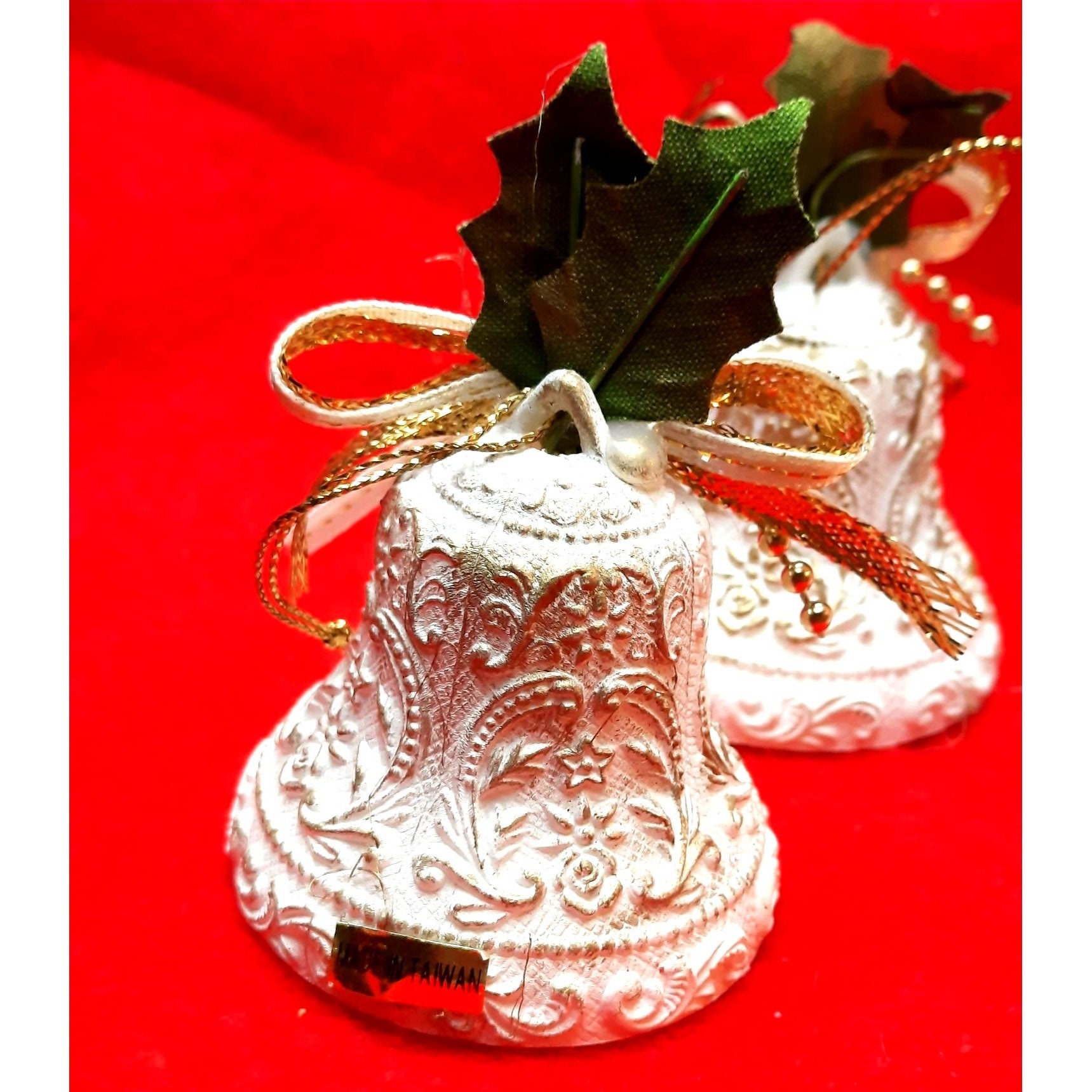 Vintage Blow Molded Gold Embossed White Glitter Bells With Silk Flower ...