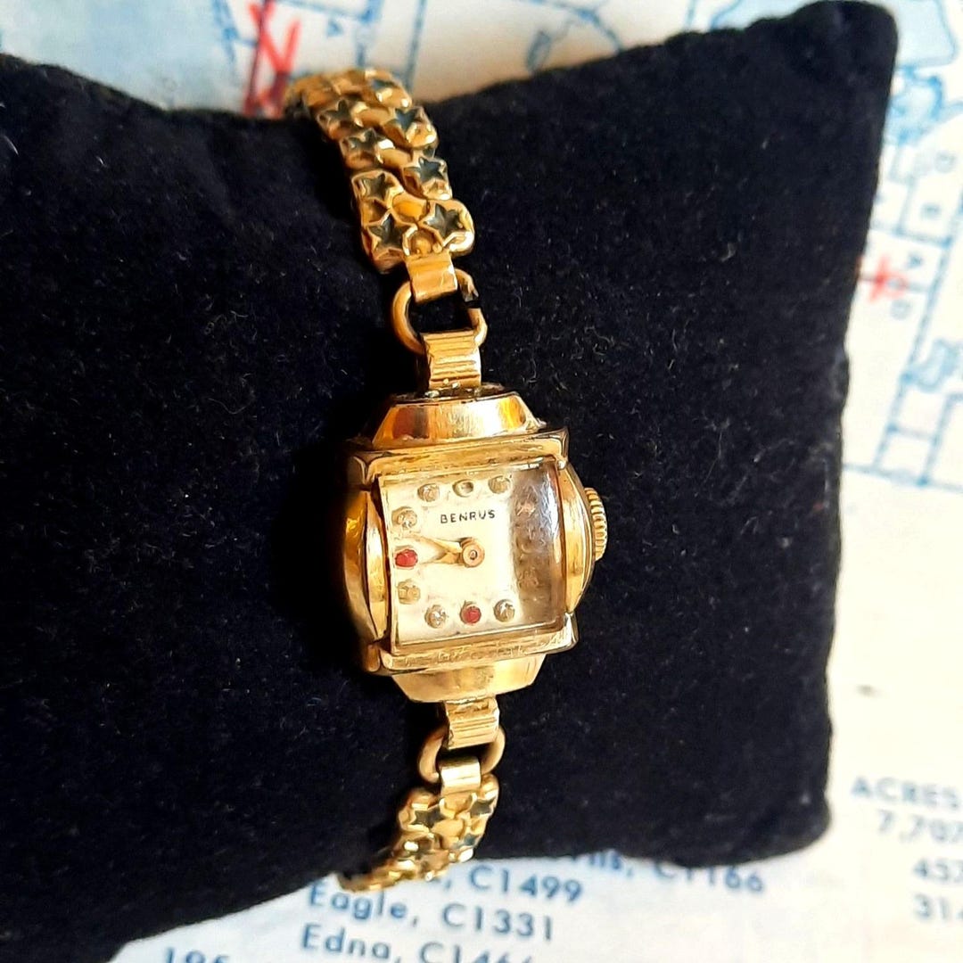 Vintage Benrus Womens Watch 10K RGP Bezel Enamel Stars Stretch Band No ...
