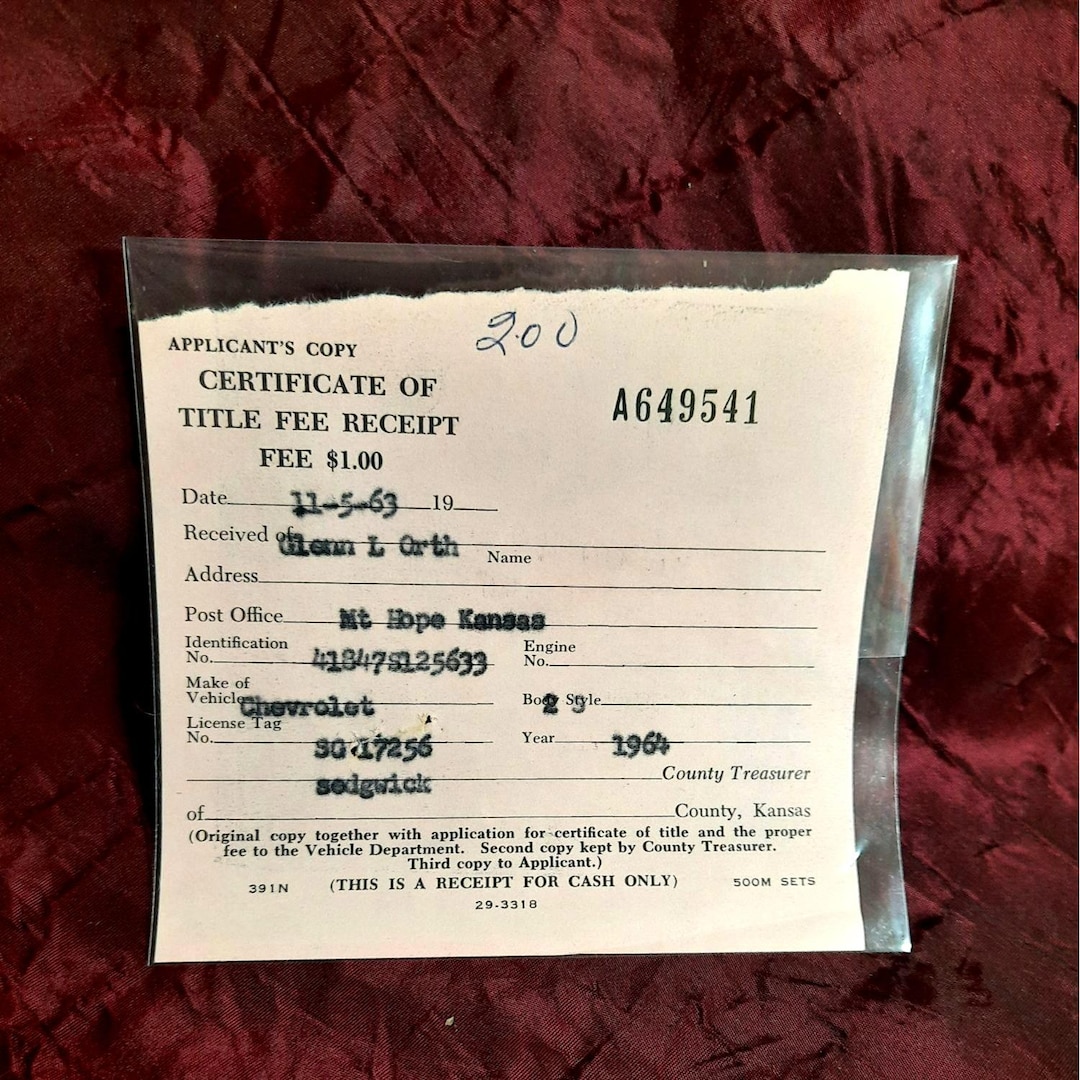 Vintage Chevrolet Car Receipt Certificate of Title Fee Receipt 1961 ...