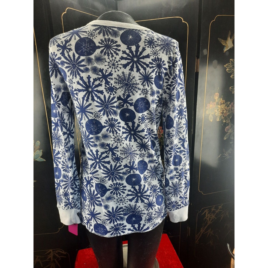 Vintage Womens Joe Boxer Thermal Long Sleeve Shirt Blue Snowflakes ...