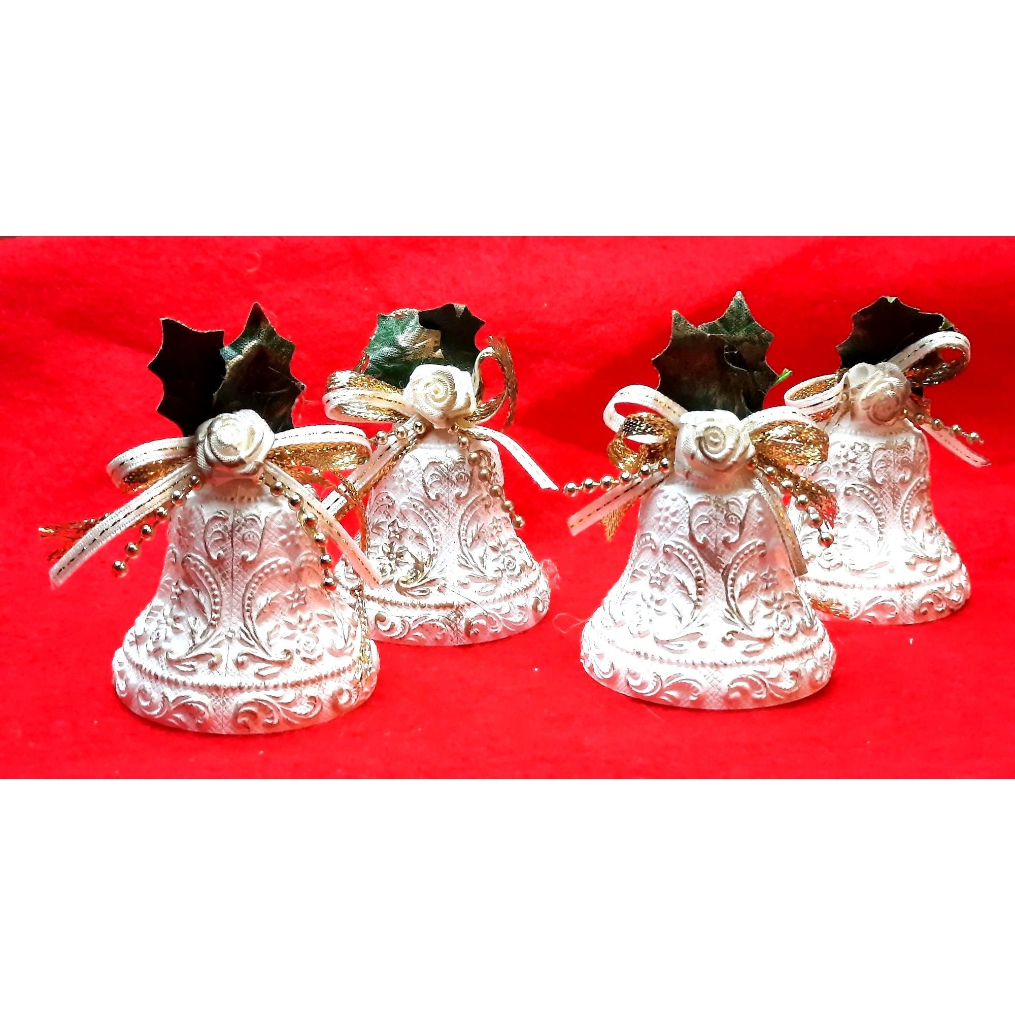Vintage Blow Molded Gold Embossed White Glitter Bells With Silk Flower ...