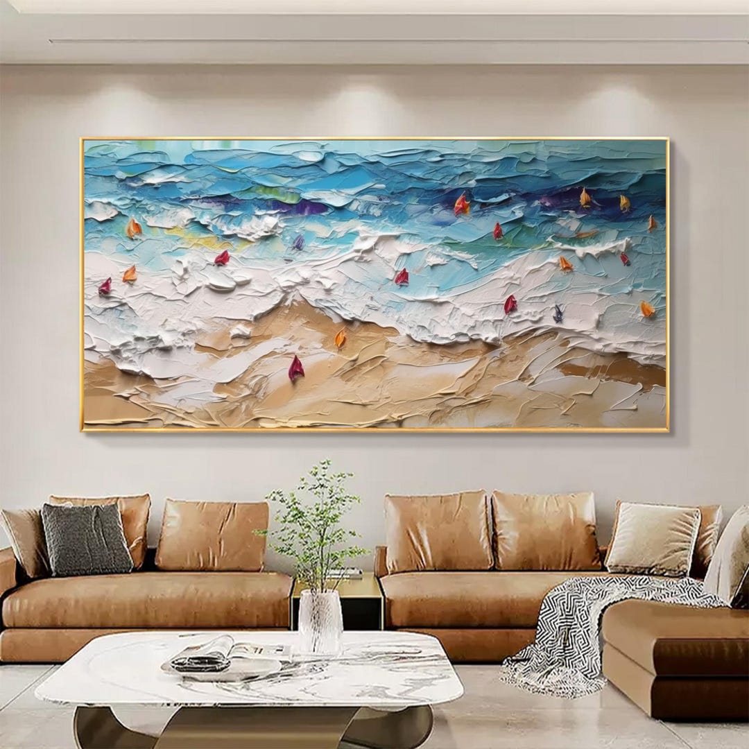 Vibrant Beach Oil Painting on Canvas, Original Coastal Texture Seascape ...