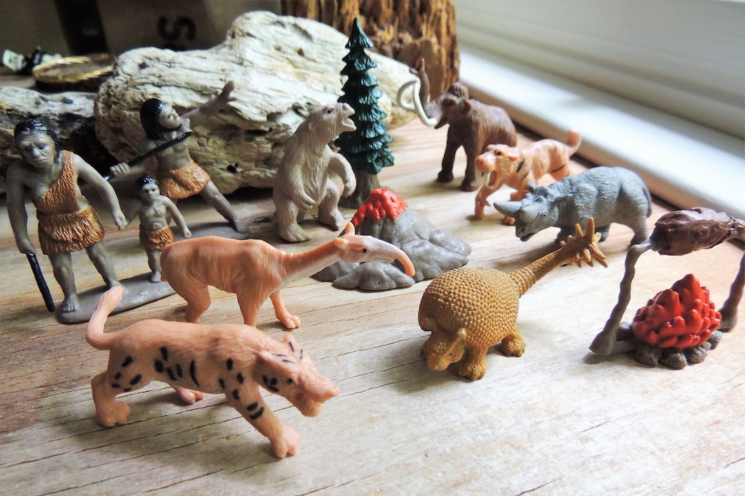 MINIATURE PREHISTORIC LIFE Figure Set Caveman Volcano Mammoth Sloth ...
