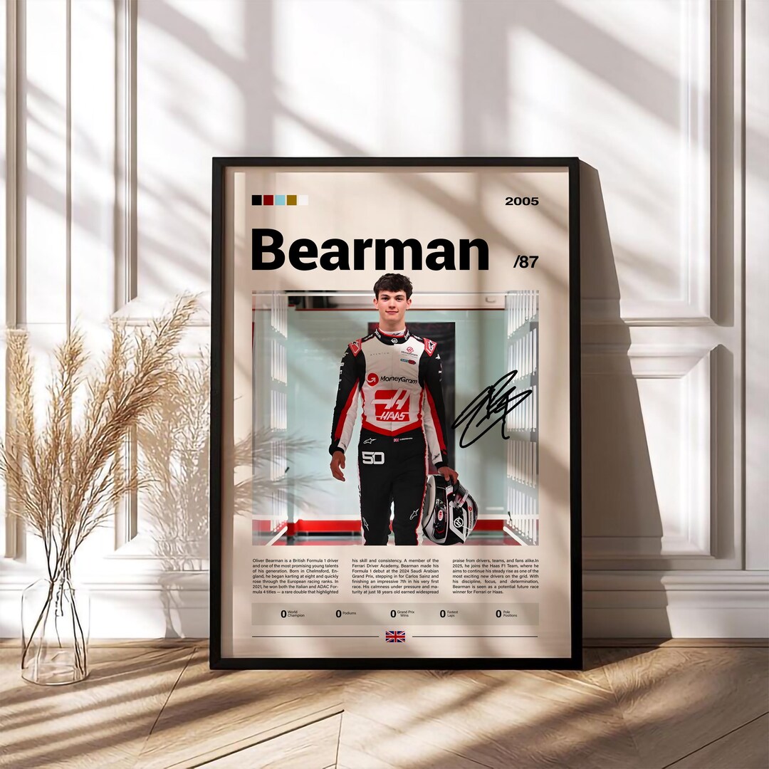 Oliver Bearman F1 Poster, Ferrari Racing Wall Art, Formula 1 Print ...