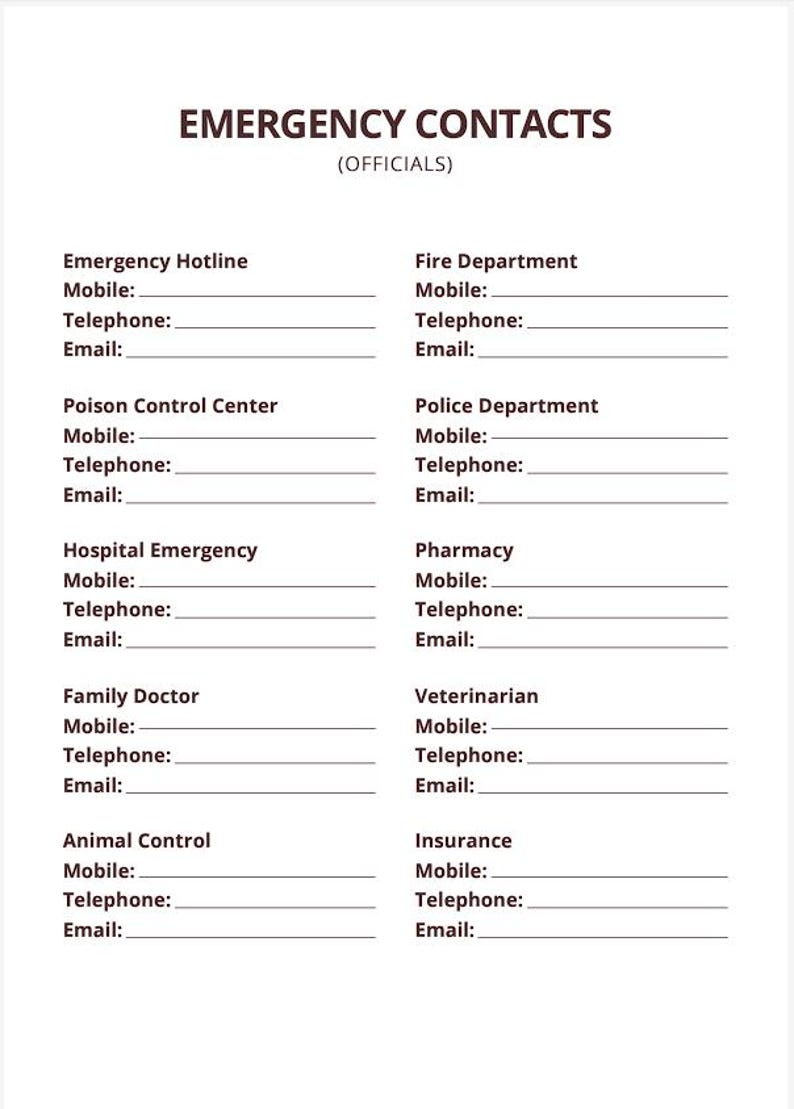 Emergency Contact Poster,safety Checklist Print,printable Emergency ...