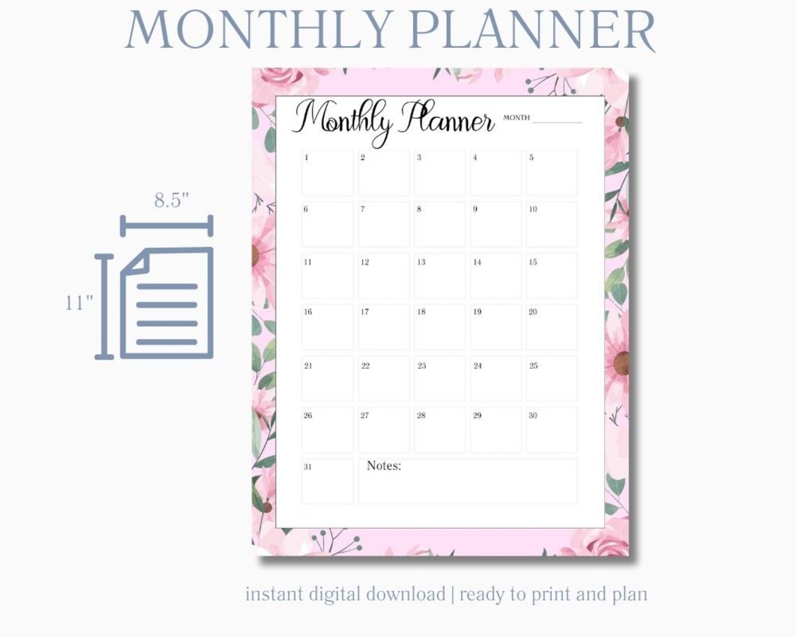 Monthly Planner Printable | Vertical Portrait | Monthly Planner ...