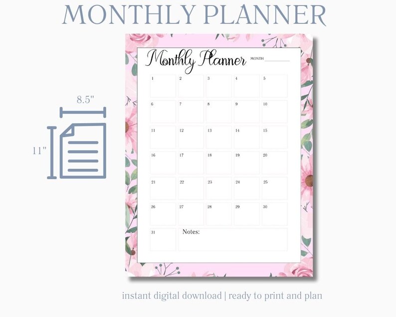 Monthly Planner Printable Vertical Portrait Monthly Planner Digital ...