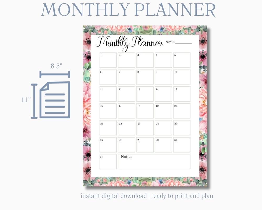 Monthly Planner Printable | Vertical Portrait | Monthly Planner ...