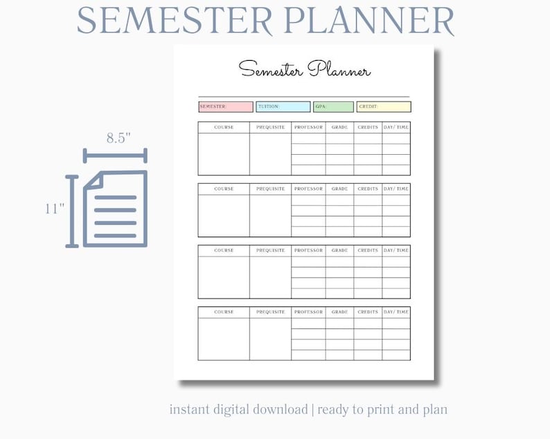 Semester Planner Printable | Classes Planner | Digital College Planner ...