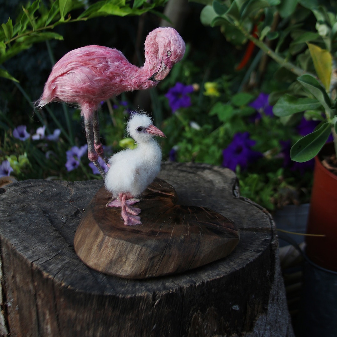 Needle Felted Bird. Flamingo With a Chick . Handmade Wool Felted Bird ...