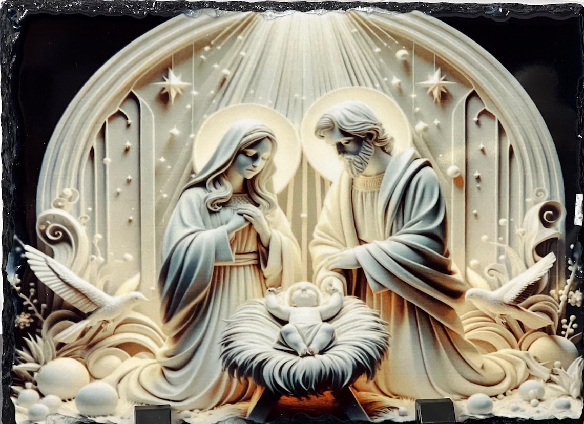 Baby Jesus and Holy Family Nativity Scene on Textured Slate 5x7 With ...