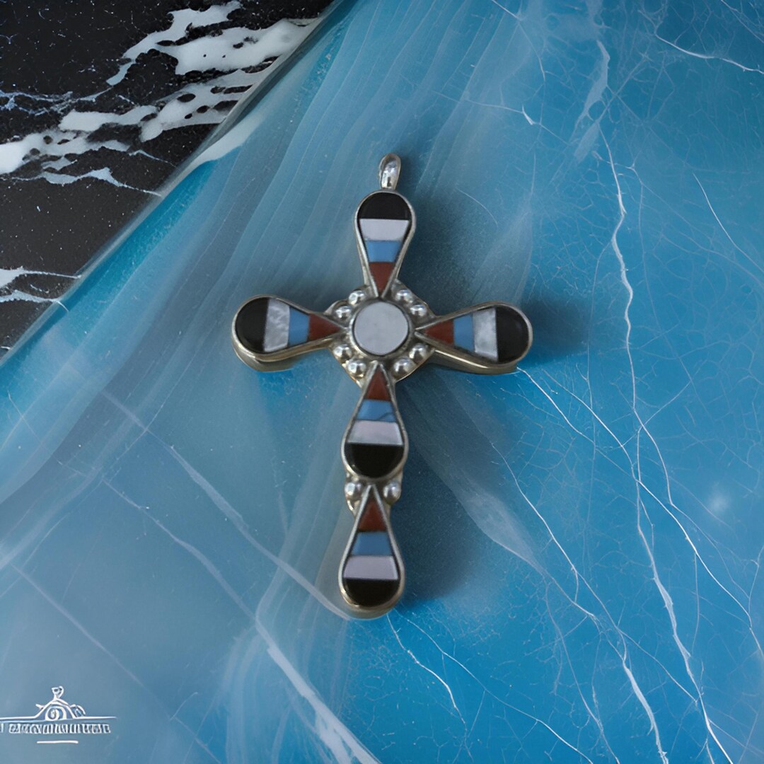 Native American Zuni Handmade Multicolor Cross Pendant Set in Sterling ...