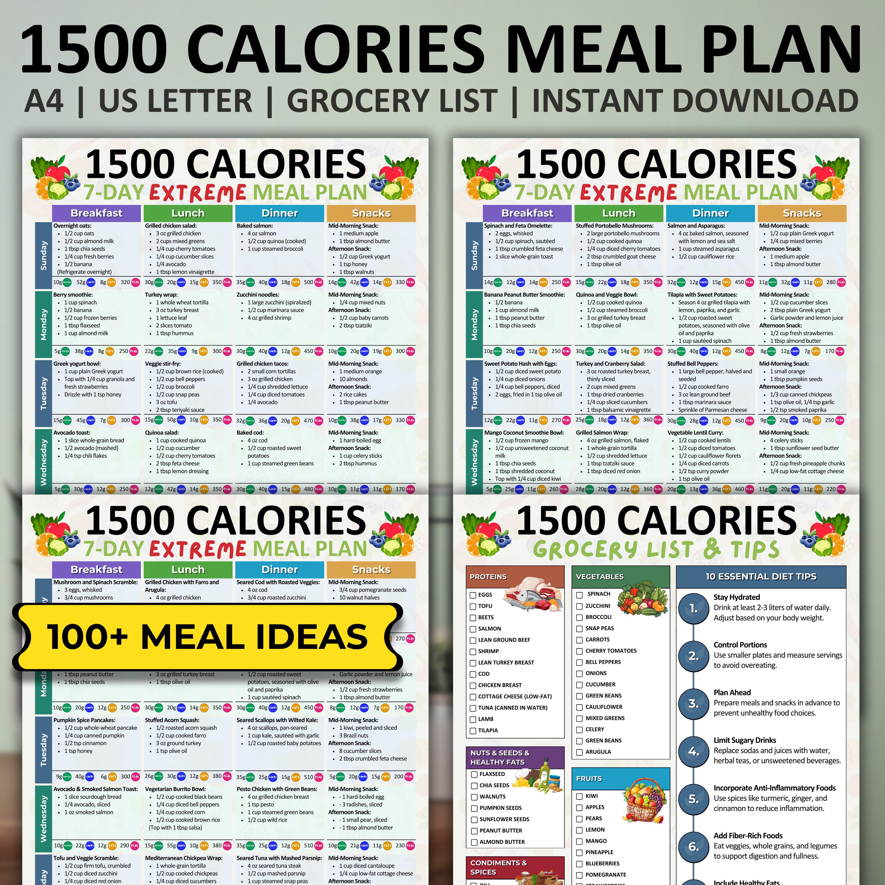 1500 Calories Extreme Diet Plan, Low Calorie Meal Plan and Grocery List ...