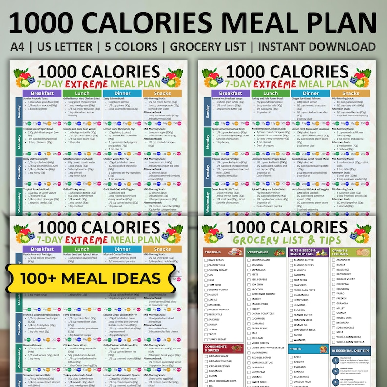 1000 Calories Extreme Meal Plan, Low Calorie Meal Plan and Grocery List ...