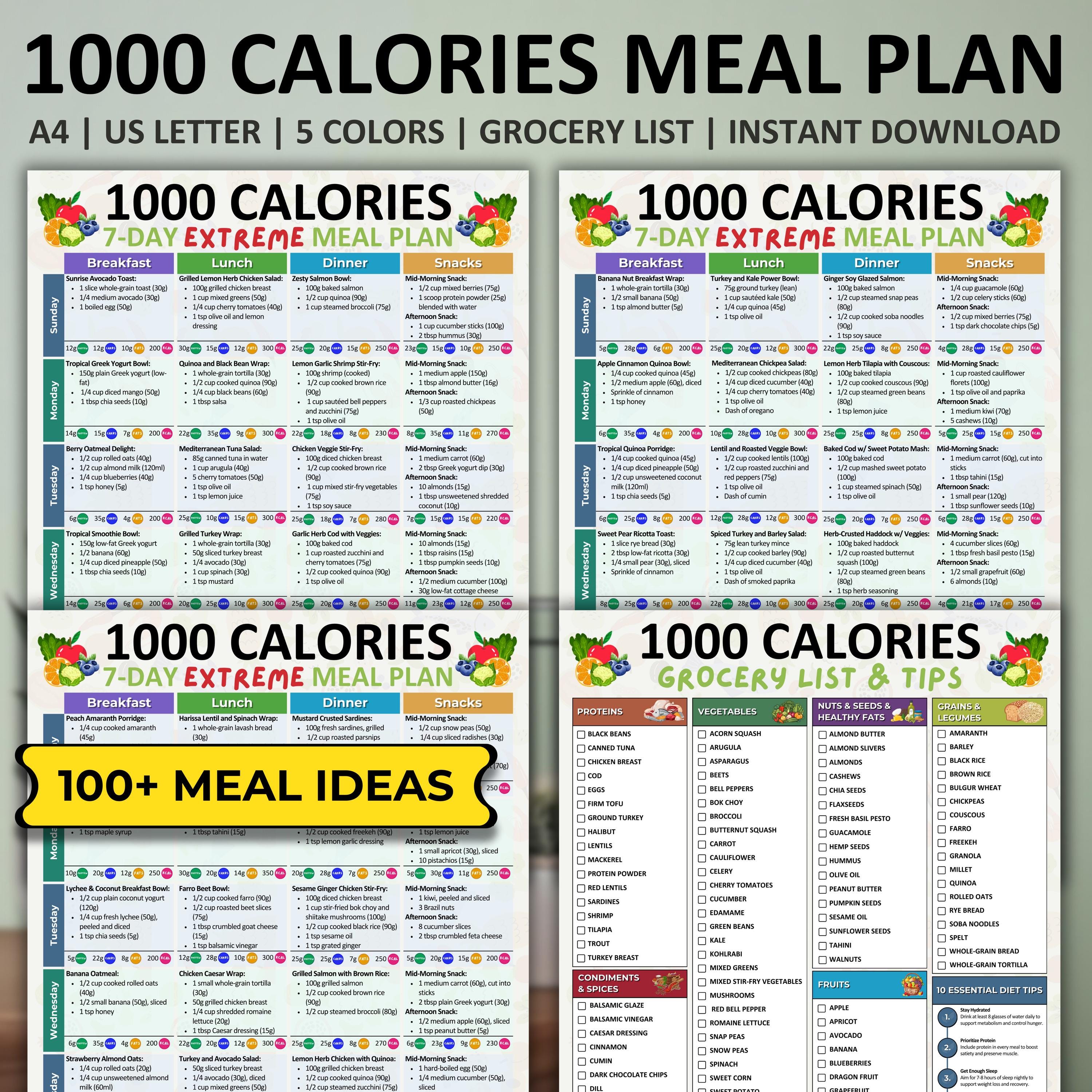 1000 Calories Extreme Meal Plan, Low Calorie Meal Plan and Grocery List ...
