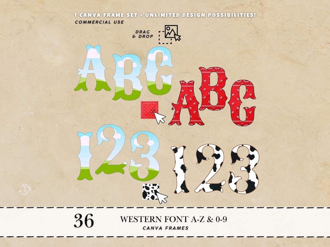 Western Font Letter Canva Fonts Frames Custom Font Design PNG Bundle ...