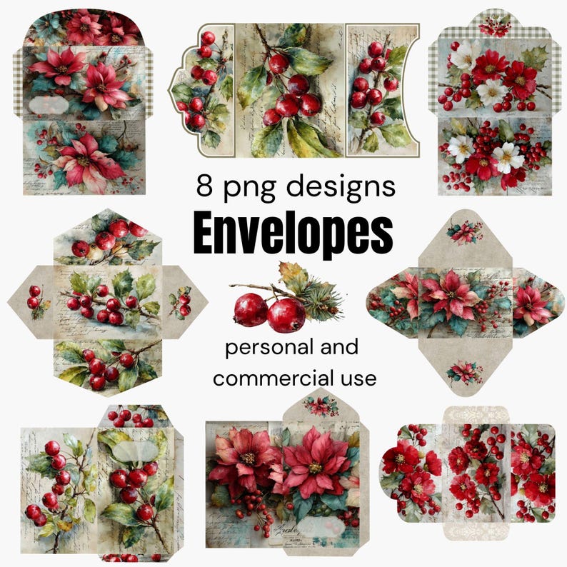 Watercolor Christmas Envelopes | Holly & Poinsettia Designs | 8 PNG ...