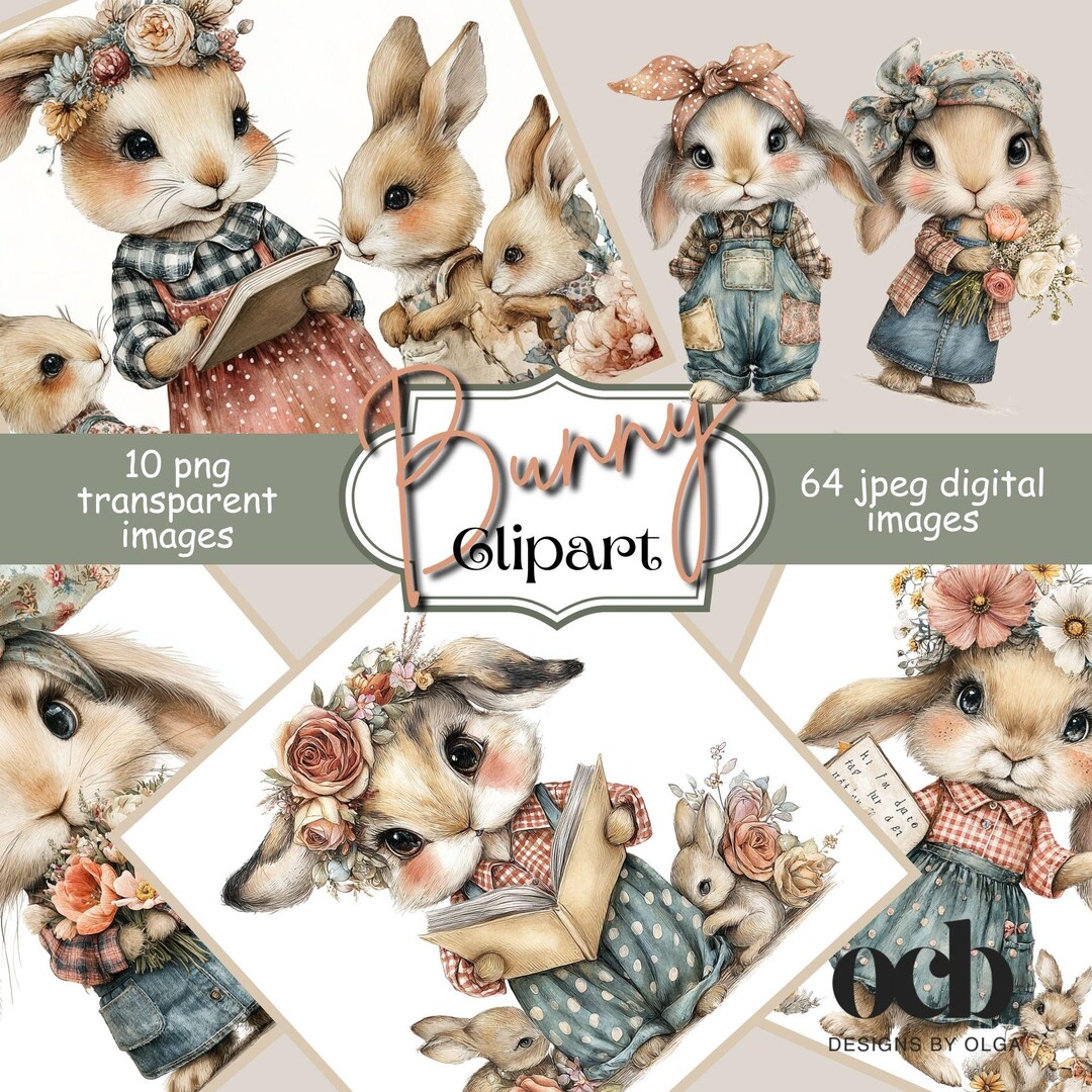 Watercolor Cute Bunny Clipart | 64 JPEG and 10 PNG Images | Baby ...