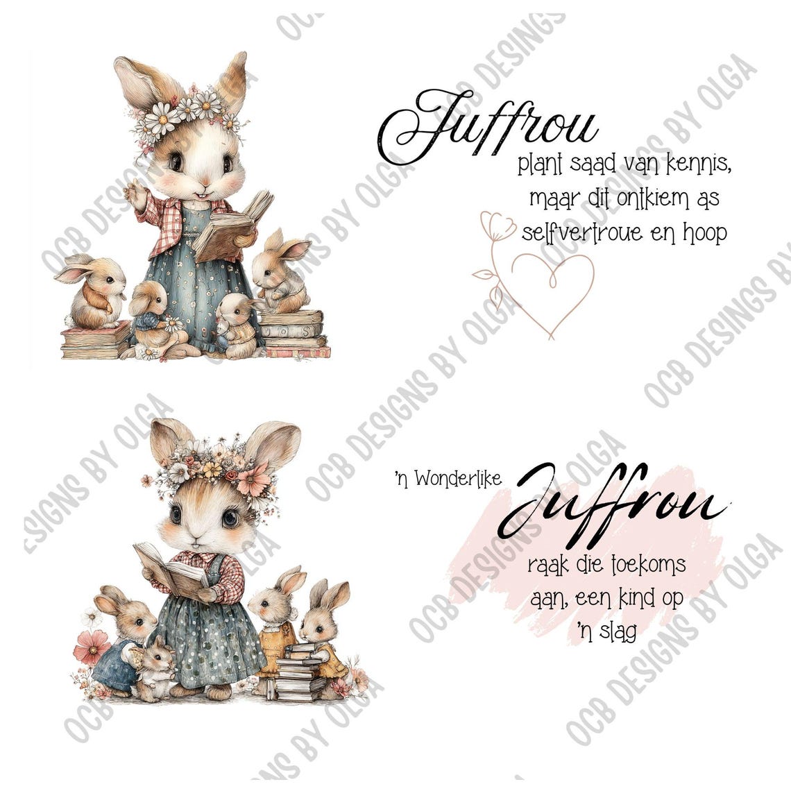 Afrikaanse Juffrou Beker Ontwerpe | Waterverf Hasie Tema | 6 PNG ...