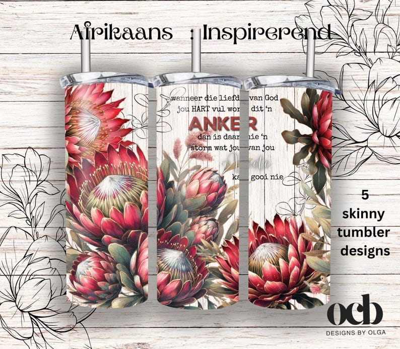 Afrikaanse Inspirerende Woorde Met Rooi Protea Ontwerp – 20oz Skinny ...