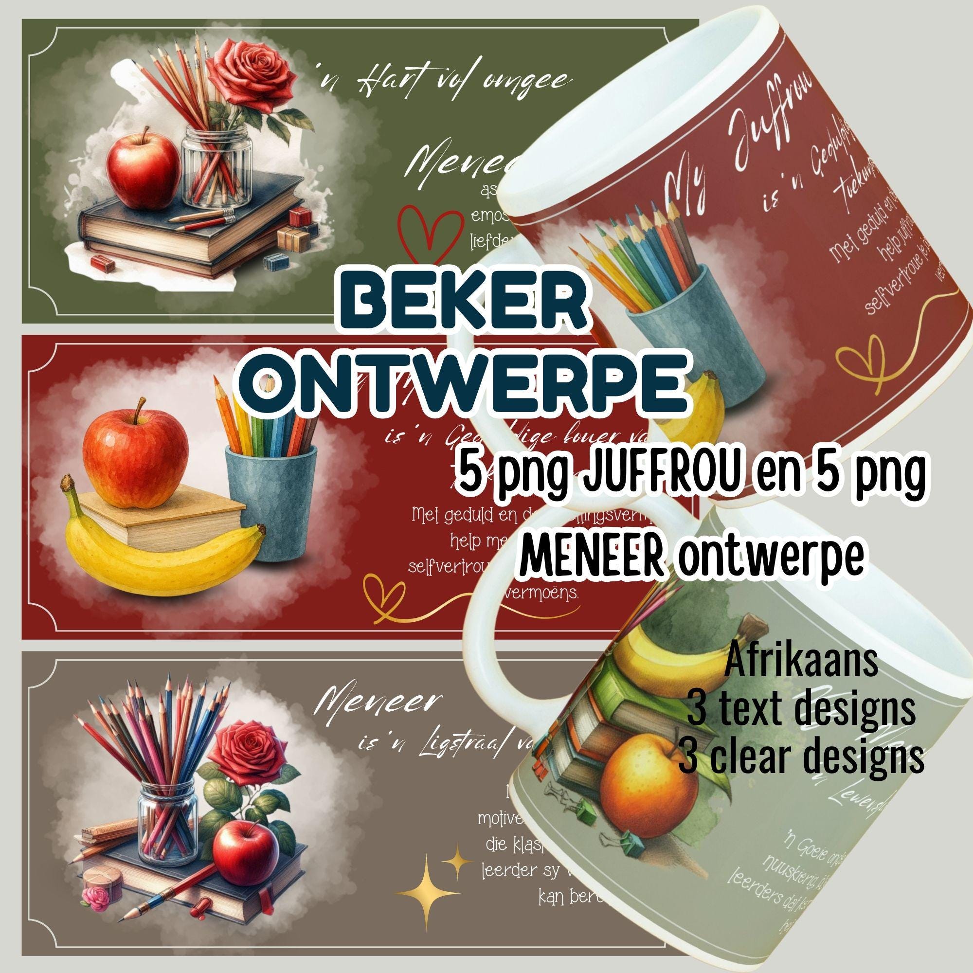 Afrikaans Watercolor Juffrou En Meneer Beker Ontwerpe, Mug Designs – 5 ...