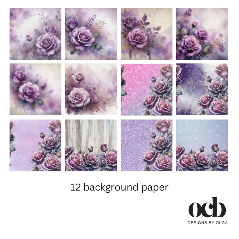 Roses, Watercolor Purple Rose, Background Paper and Clipart ...